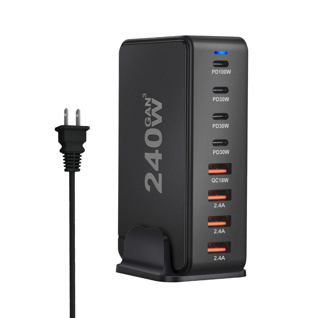 240W GaN 8-Port USB-C Charger, Fast PD & QC Charging, Compact & Portable